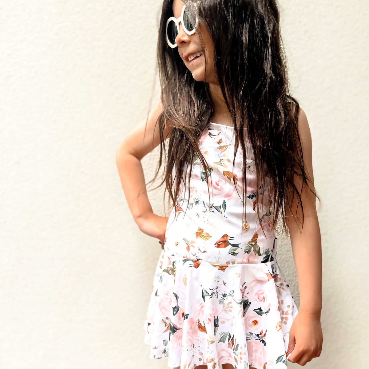 Girls Ballerina Swimsuit Dress With Change Snaps - Rosa Floral | Len Swim